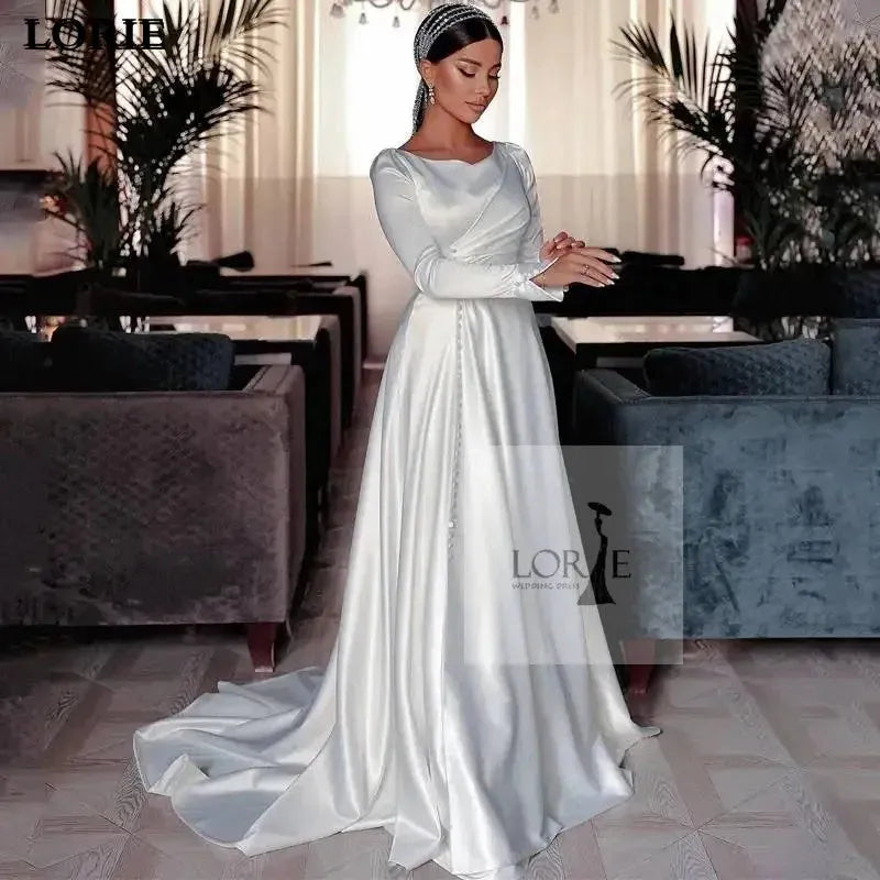 Muslim Wedding Dress Satin A Line Long Sleeve White Bridal Dress vesti